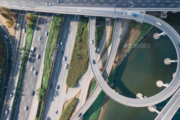 Road junction and bridge in city top view, aerial view. Stock Photo by ...