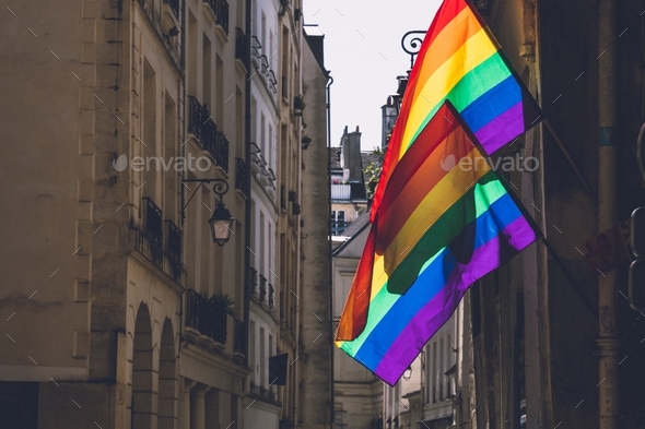 LGBTQ flags on old building in Paris during pride. Transgender Pride ...