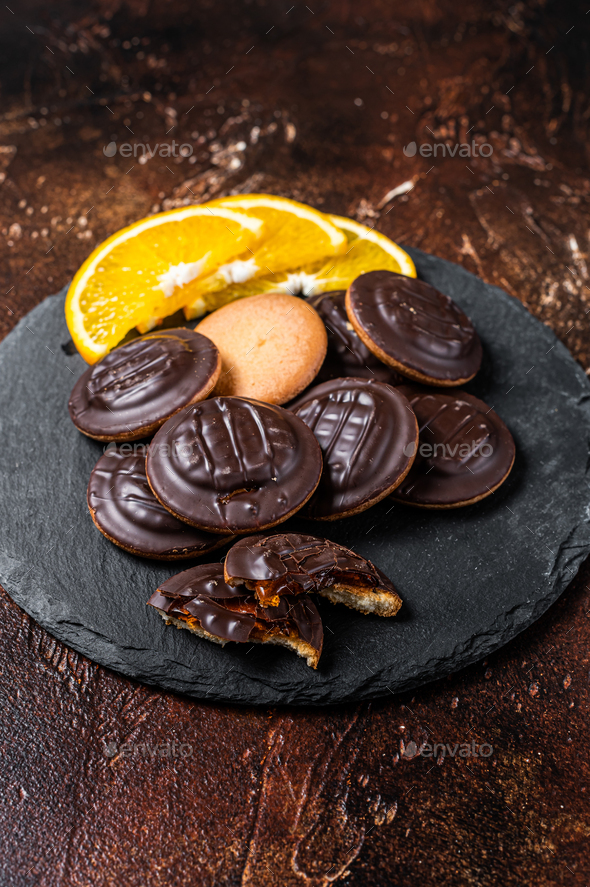 Stack of Chocolate Covered Round Jaffa Cookies with Orange Flavored ...