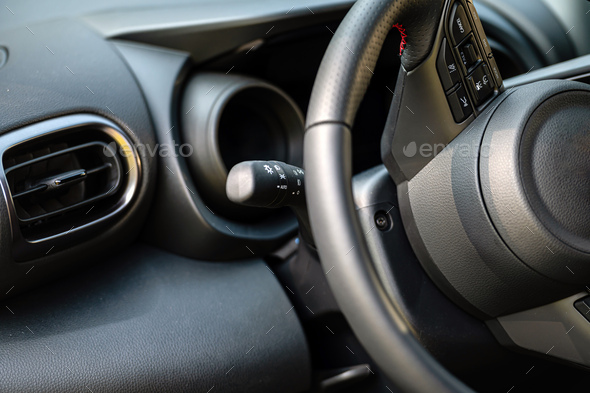 Interior view car with modern steering wheel, dashboard. Closeup ...