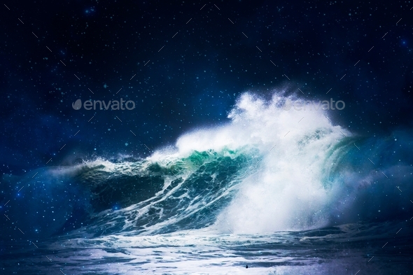 Dramatic waves crashing with night constellation background. Stock ...