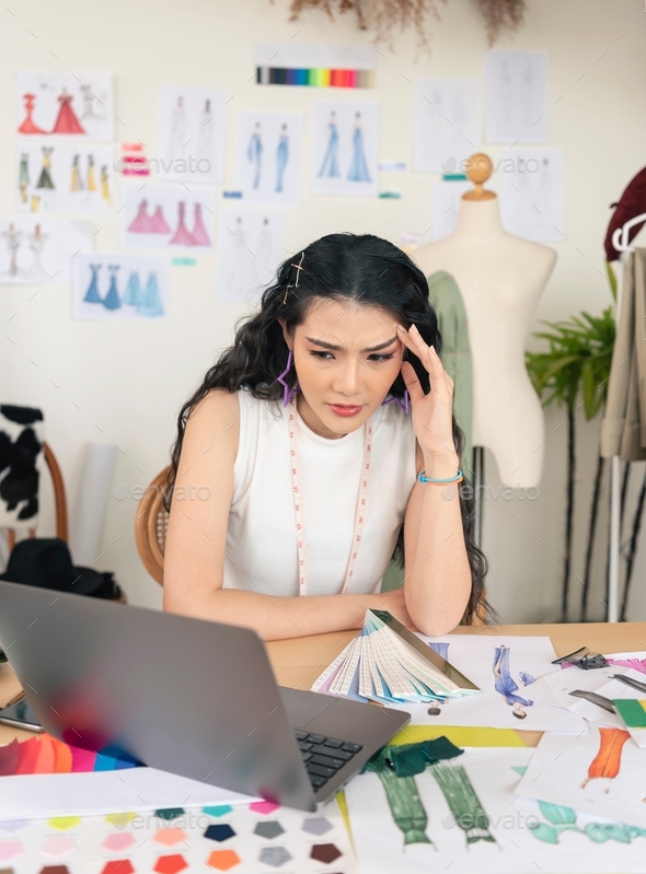 young asian designer woman stress working design creative while sitting ...
