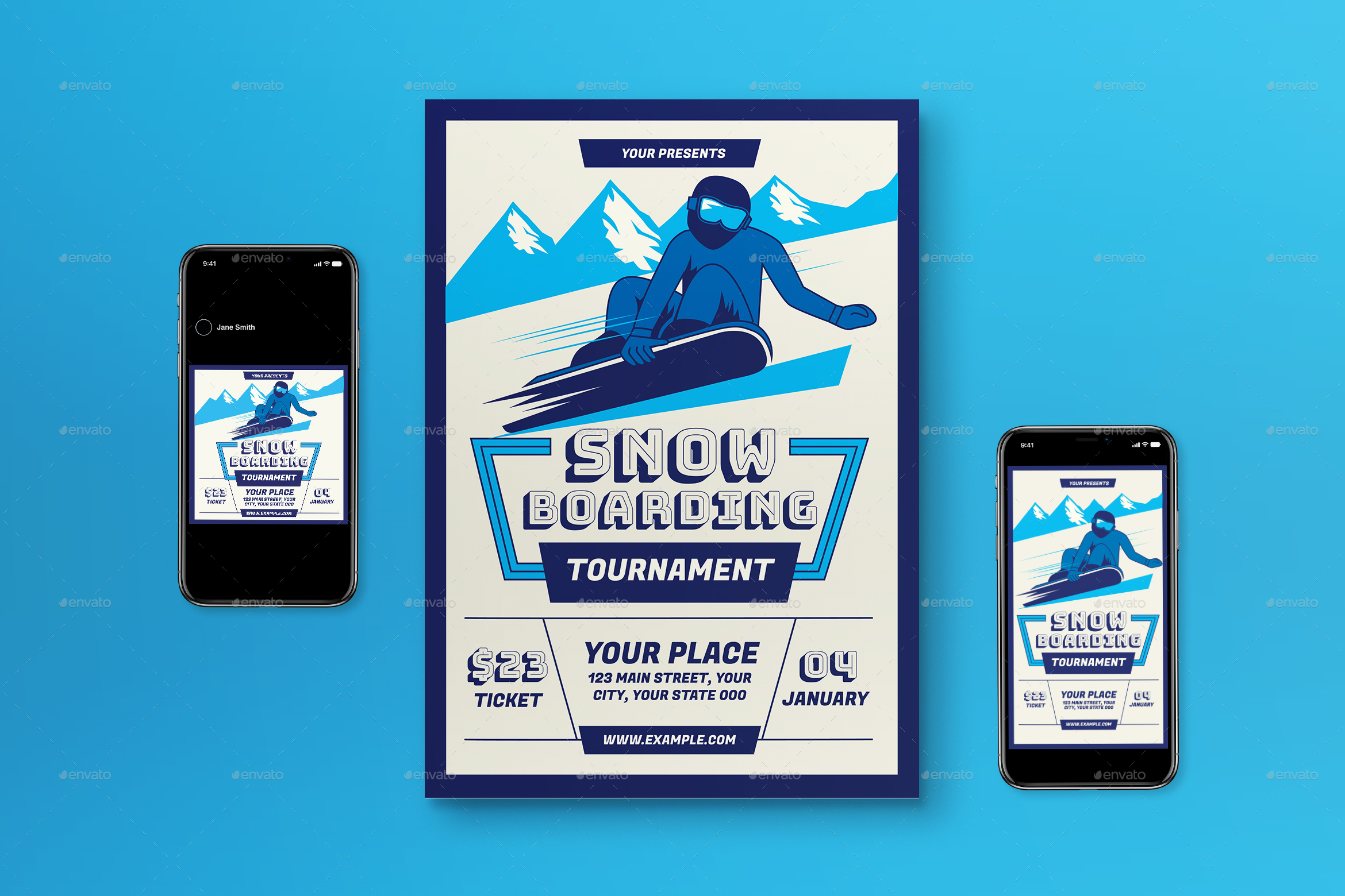 Blue Modern Snowboard Competition Flyer Set by graphicook | GraphicRiver