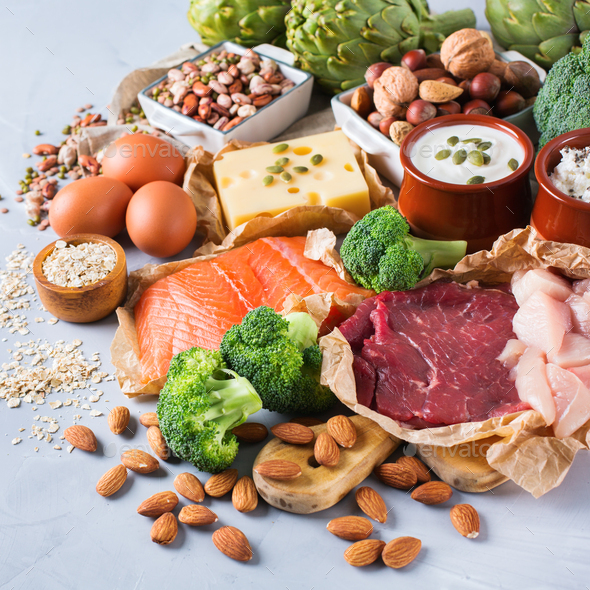 Assortment of healthy protein source and body building food Stock Photo ...