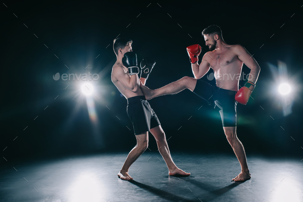 shirtless muscular mma fighter in boxing gloves kicking another in ...
