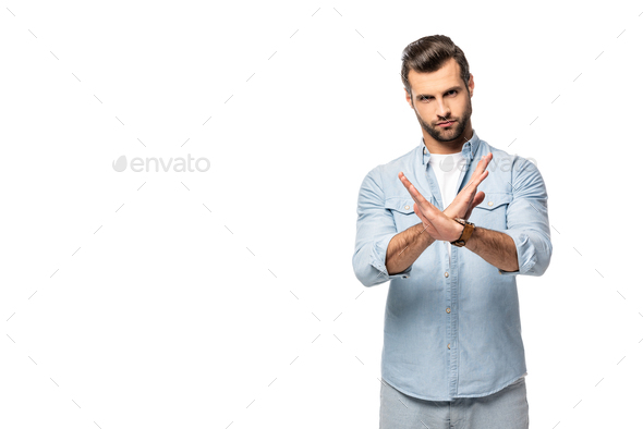 man showing stop sign and looking at camera Isolated On White Stock ...