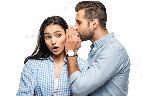 man telling secret to shocked young woman Isolated On White Stock Photo ...