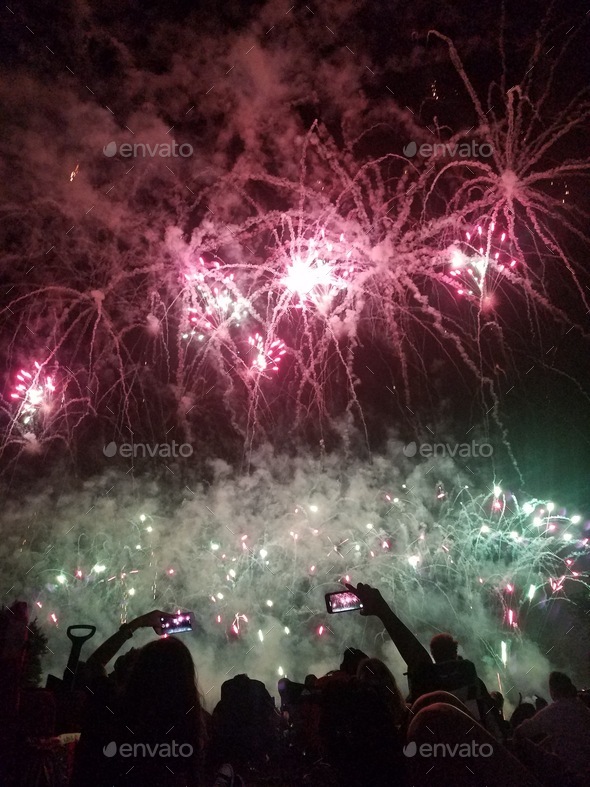 Fireworks display, crowd taking photographs with phones Stock Photo by ...