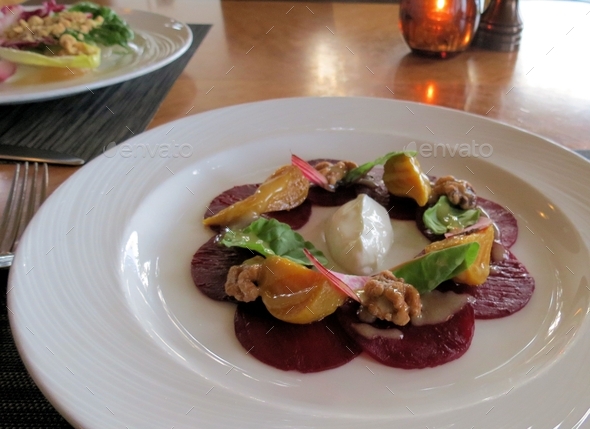 Gourmet Healthy Fine Dining Beet Carpaccio Plated Stock Photo by mreyz