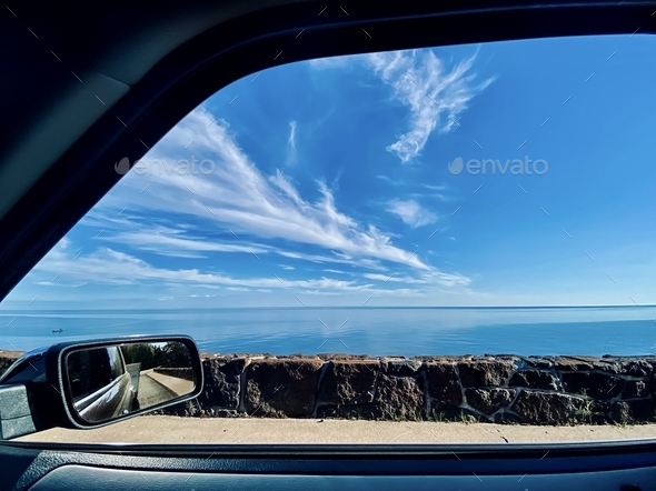 Lake Superior scenic overlook pit stop on a road trip car window view ...