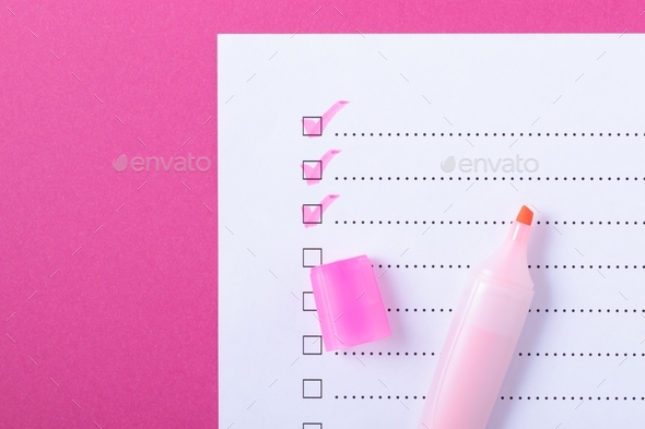 Check list with pink marked points and marker on pink background Stock ...