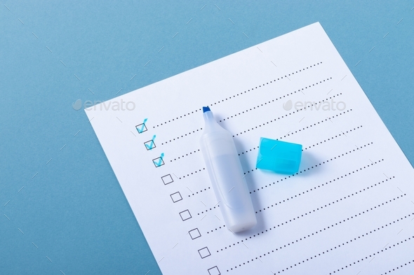 Check list with blue marked points and marker on blue background Stock ...