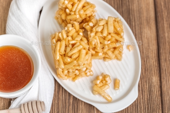 Chak-chak with honey.Tatar national traditional sweet dessert. Homemade ...