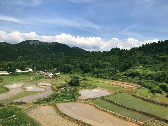 exotic landscape. Chinese landscape. farming. garden. green. Hills ...