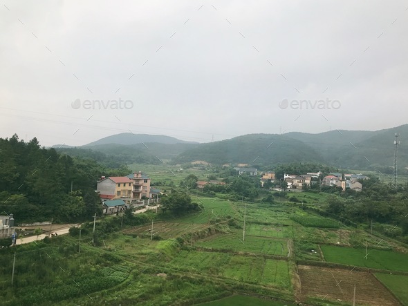 exotic landscape. Chinese landscape. farming. garden. green. Hills ...