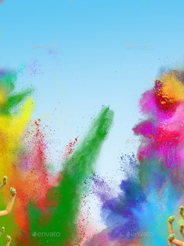 Holi colored powder throws on blue sky at Holi festival in India ...