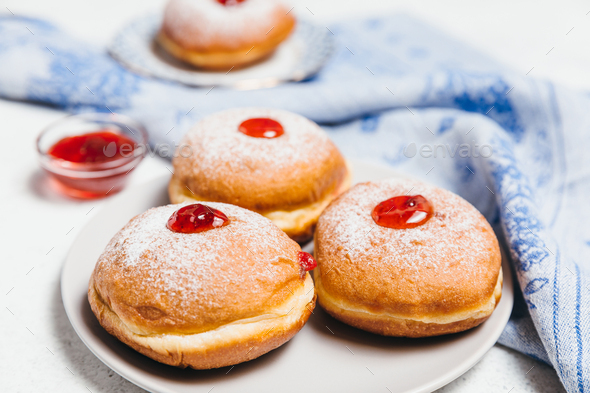 Sufganiyot jelly doughnuts. Traditional Jewish festive food dessert for ...