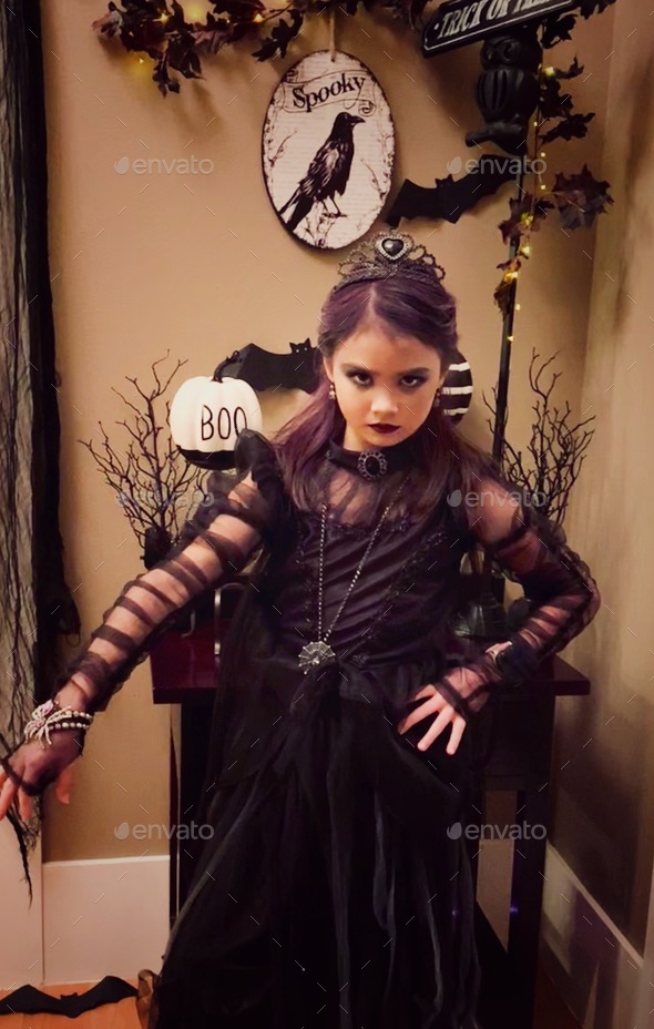 My daughter dressed as a Dark Princess standing in front of spooky ...