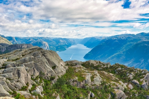 View over Preikestolen, Pulpit Rock plateau at narrow, long Lysefjorden ...