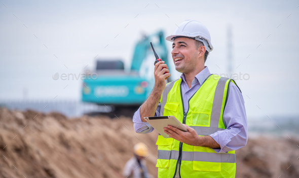 Construction engineer wear safety uniform under inspection and survey ...