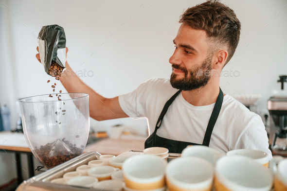 Pours whole coffee beans. Cafe worker in white shirt and black apron is ...