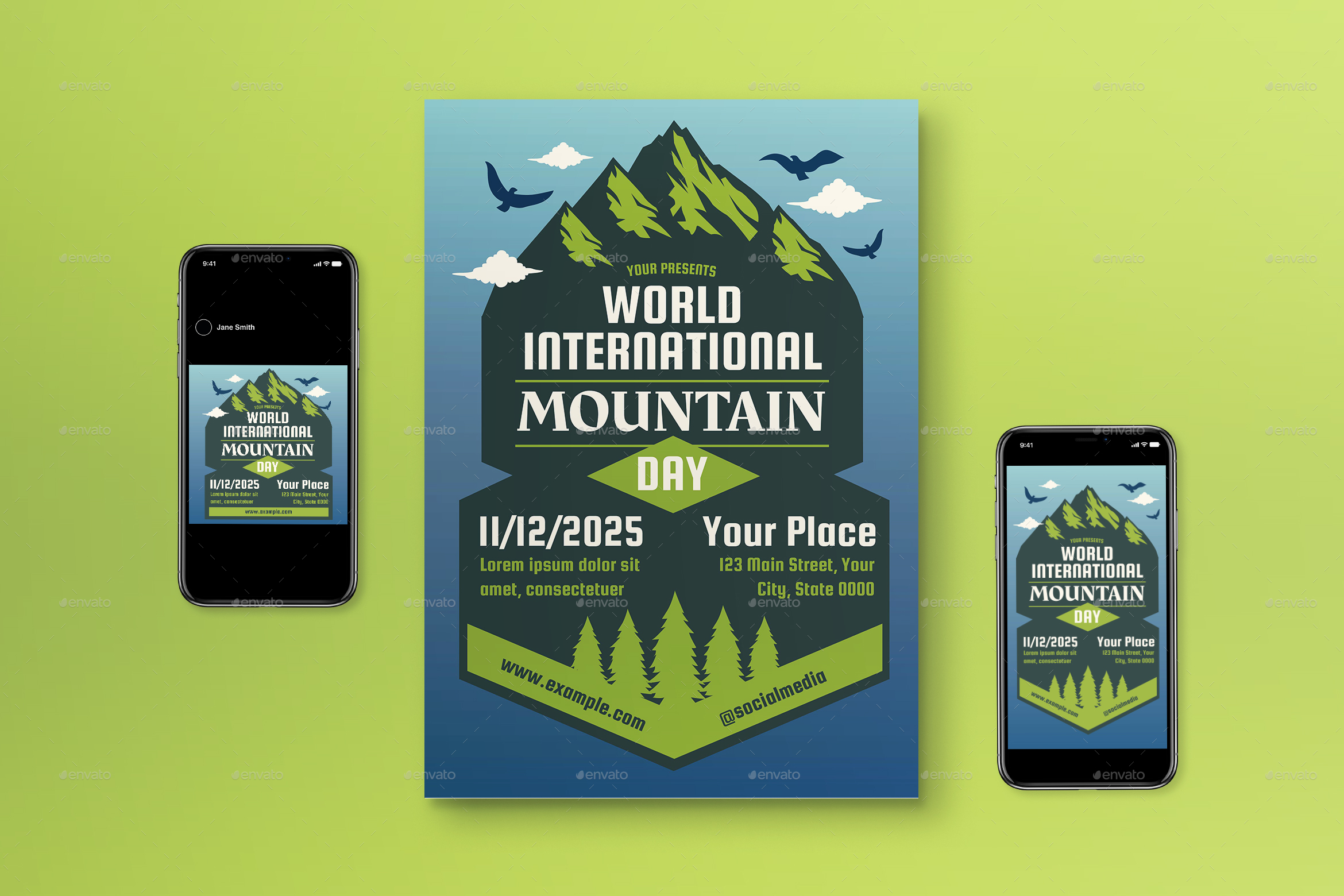 Green Modern International Mountain Day Flyer Set, Print Templates