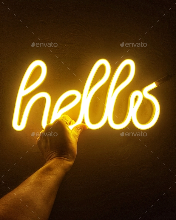 Hello in neon light lettering Stock Photo by wikaatje | PhotoDune