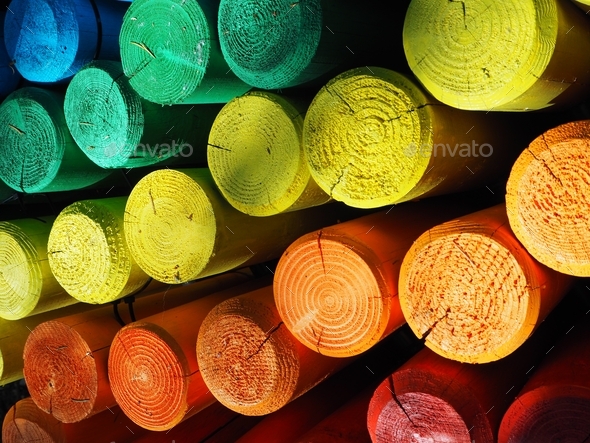 Rainbow colored poles of wood Stock Photo by wikaatje | PhotoDune