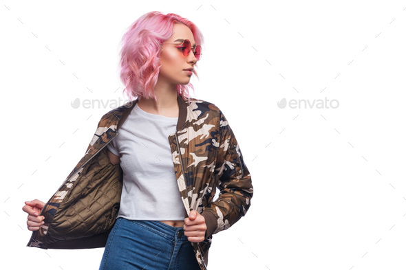 Modern millennial model with pink hairstyle Stock Photo by kegfire