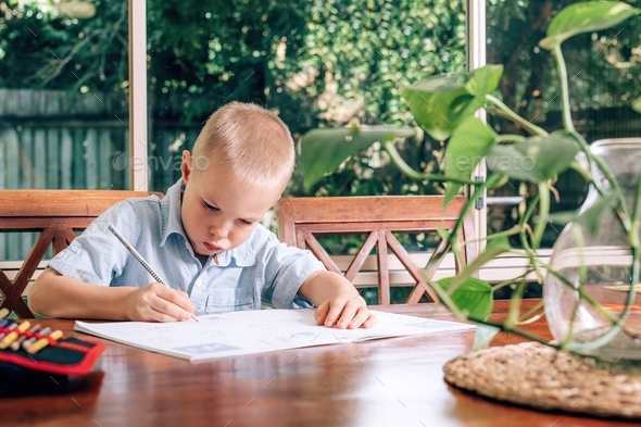 Little Child drawing in a textbook at home, a boy holding pen and ...