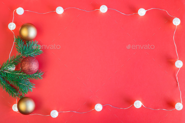 Red Christmas frame. Christmas decoration and lights on red background ...