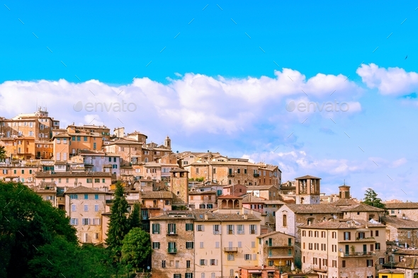 Perugia skyline under azure blue sky. Landscape with old Italian town ...