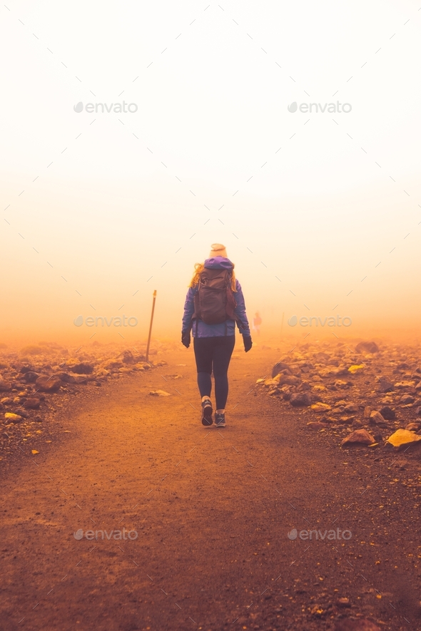 Human female walking outdoors nature adventure hike landscape rugged ...