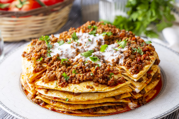 Turkish Food Kayseri Yaglama with Minced Meat, Yogurt and Tomato Paste ...