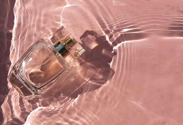Transparent bottle perfume in pink water with shadows. Top view and ...