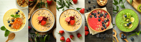 Collage of photos of tasty smoothie on different backgrounds Stock ...