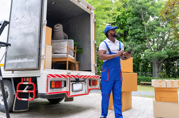 Delivery house move cargo truck service man checking box list from ...