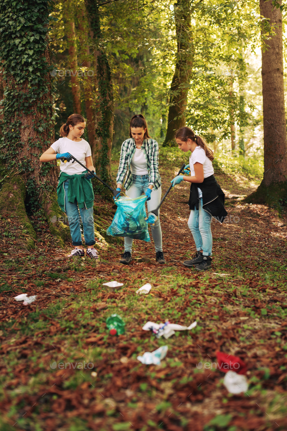 Cleanup volunteers collecting trash in the forest Stock Photo by stockasso