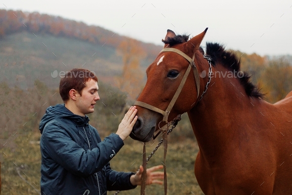 groom with his horse. Worker with a horse. A man's love for his horse ...