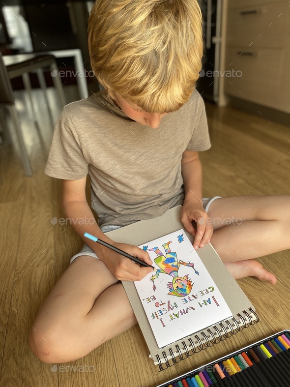 boy drawing, makes postcard with colorful boy and motivation phrases- I ...