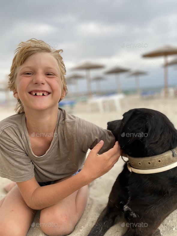 Boy with black dog spend time on the beach , boy laughing Stock Photo by elenabednykh