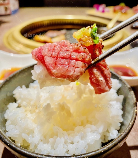 Wagyu beef and a bowl of rice, Osaka, Japan. Stock Photo by fijitime
