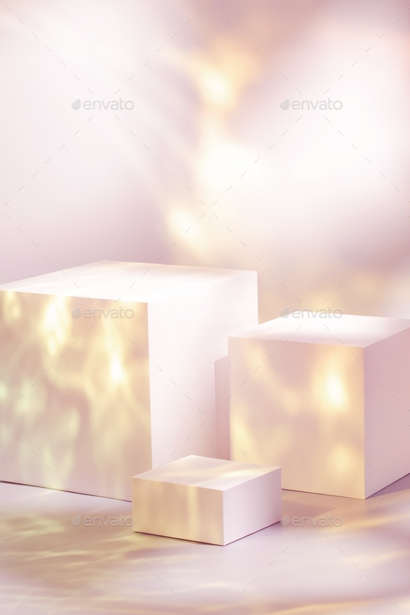 scene with three rectangle white podiums on pastel pink and gold ...