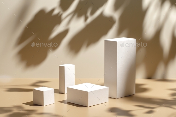 Abstract minimal nature scene with four white rectangle podiums on ...