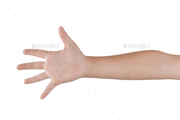 Child hand shows five fingers isolated on white background with ...