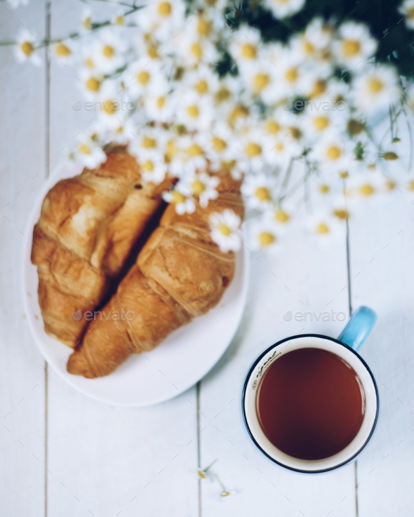morning breakfast tea and Croissant Stock Photo by lena_otvo | PhotoDune