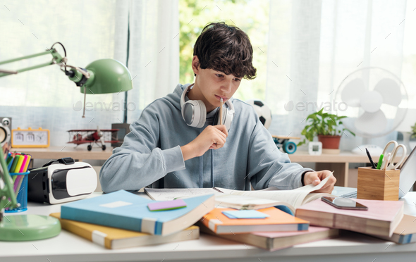 Teenager studying at home alone Stock Photo by stockasso | PhotoDune