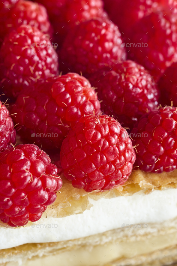 Delicious raspberry cake with puff pastry and cream. Homemade Stock ...
