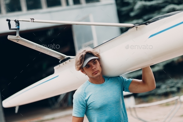 Sportsman single scull man rower prepare to competition boat regatta ...
