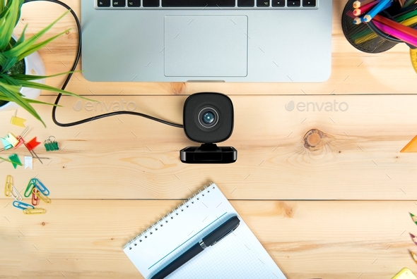 Webcam on the school Desk for online distance learning Stock Photo by ...